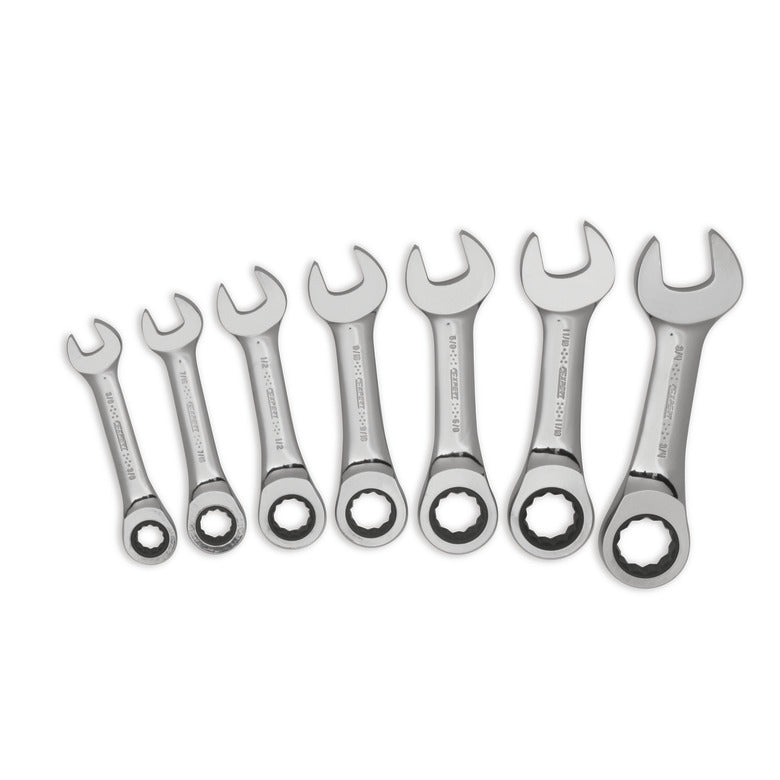 7-PC. SAE Stubby Ratcheting Wrench Set - 12-PT. - E111105 | Mac Tools